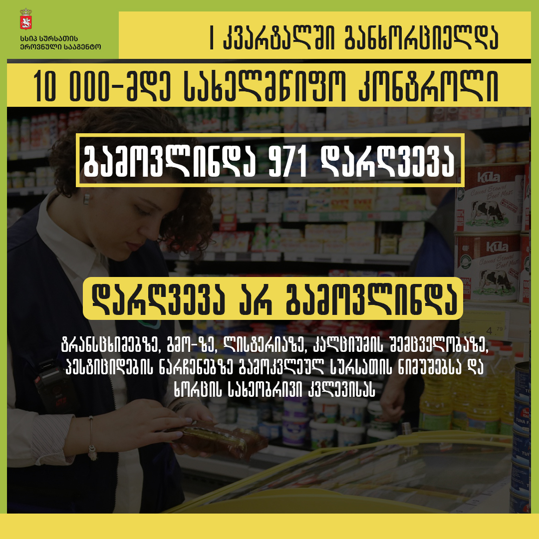 პირველ კვარტალში სააგენტომ სურსათის უვნებლობის სფეროში 10 000 მდე